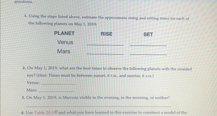 Solved 20. Locating the Planets\r\n\r\n\r\n4. Use Table | Chegg.com