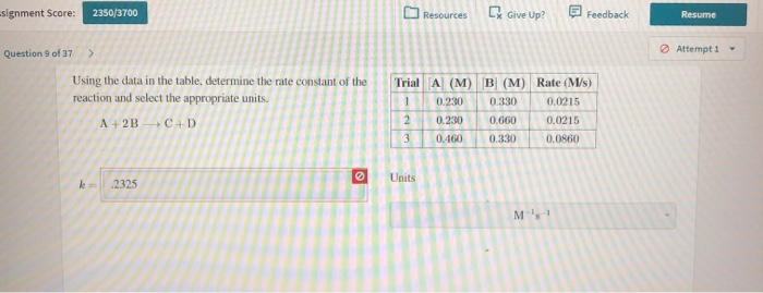 Solved using the data in table, determine the rate constant | Chegg.com