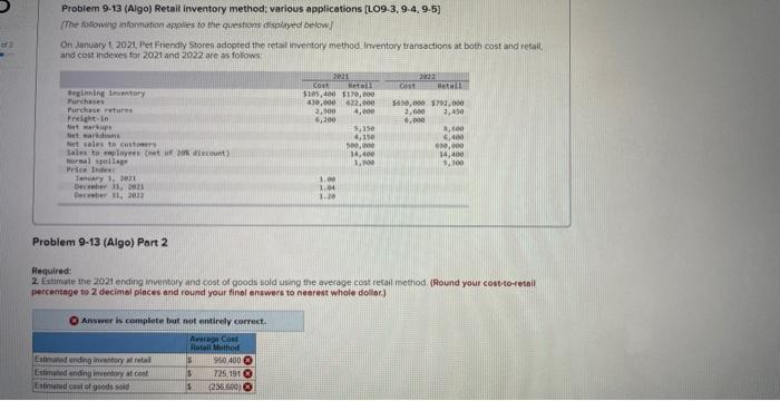 Problem 9-13 (Algo) Retail inventory method; various | Chegg.com