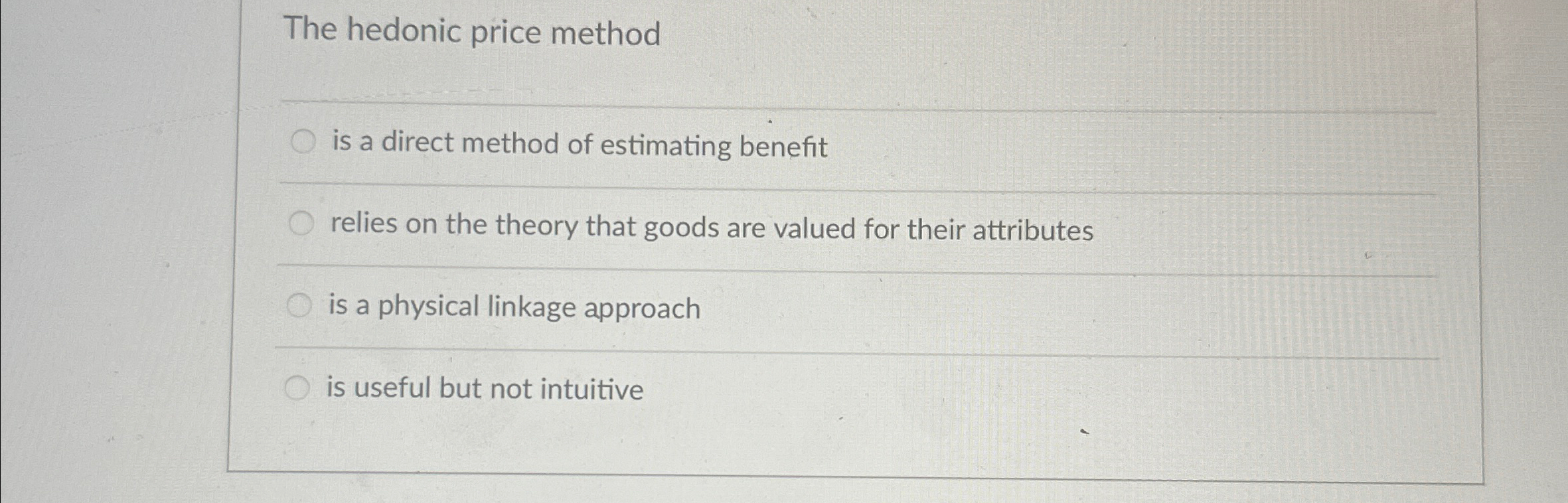Solved The hedonic price methodis a direct method of | Chegg.com