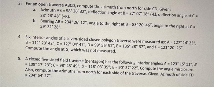Solved 3. For an open traverse ABCD, compute the azimuth | Chegg.com