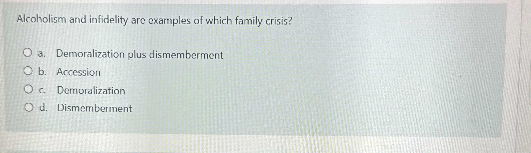 Solved Alcoholism and infidelity are examples of which | Chegg.com