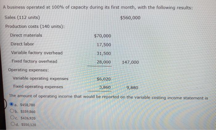 Solved A business operated at 100% of capacity during its | Chegg.com