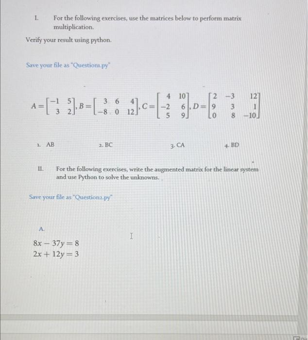 Solved 1 For the following exercises, use the matrices below | Chegg.com