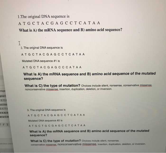 Solved 1. The original DNA sequence is AT GCTAC GA GCCTCATA | Chegg.com