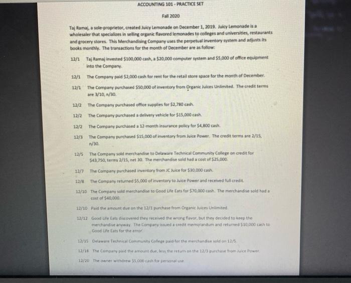 Solved 12/2 ACCOUNTING 101 - PRACTICE SET Fall 2020 Taj | Chegg.com