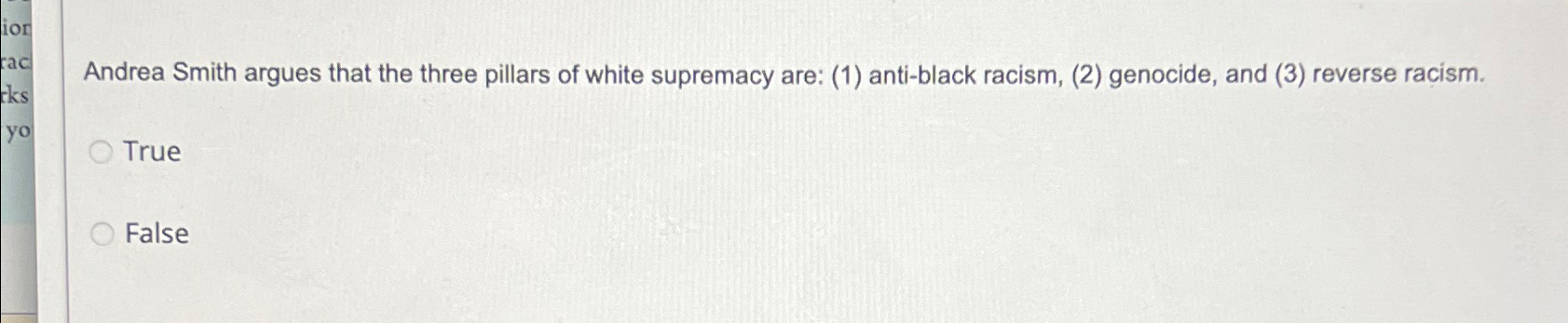Solved Andrea Smith argues that the three pillars of white | Chegg.com