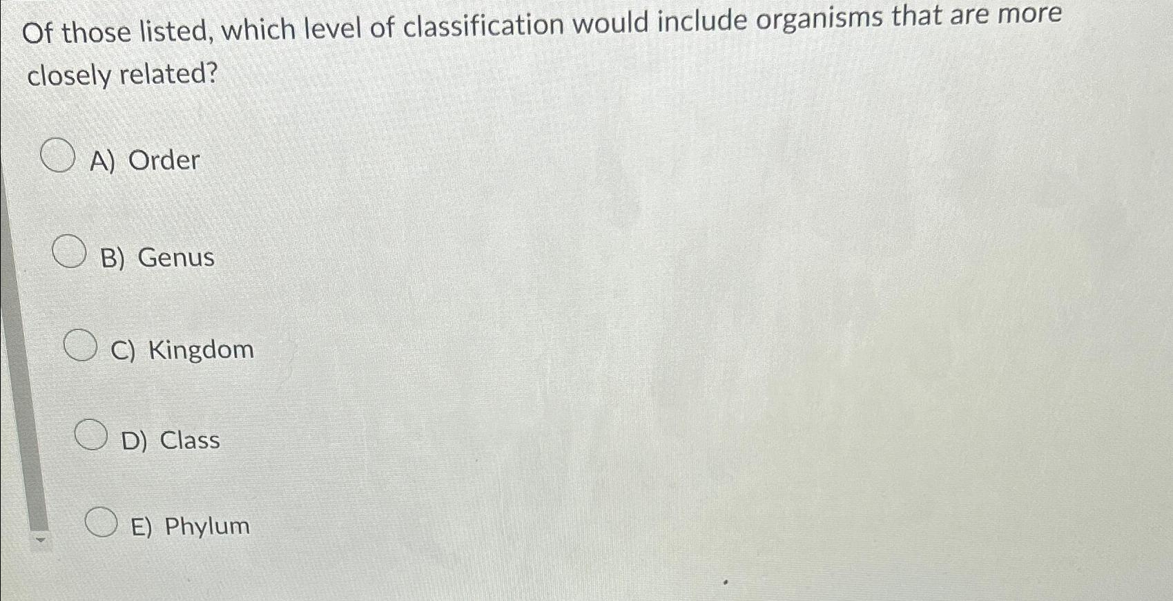 Solved Of those listed, which level of classification would | Chegg.com