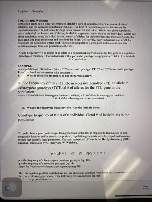 Exercise 11: Evolution Task 1: Hardy Weinberg | Chegg.com