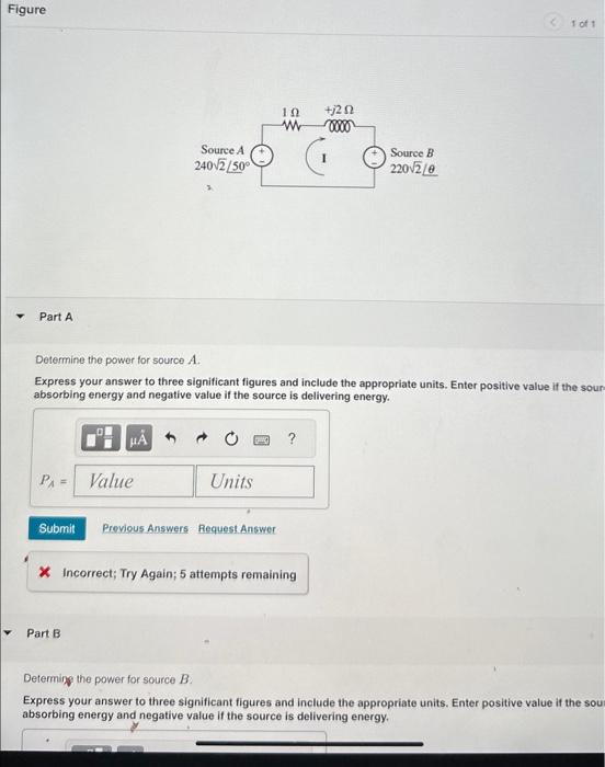 Solved Figure Part A PA = Source A 240√2/50° Value $ Part B | Chegg.com