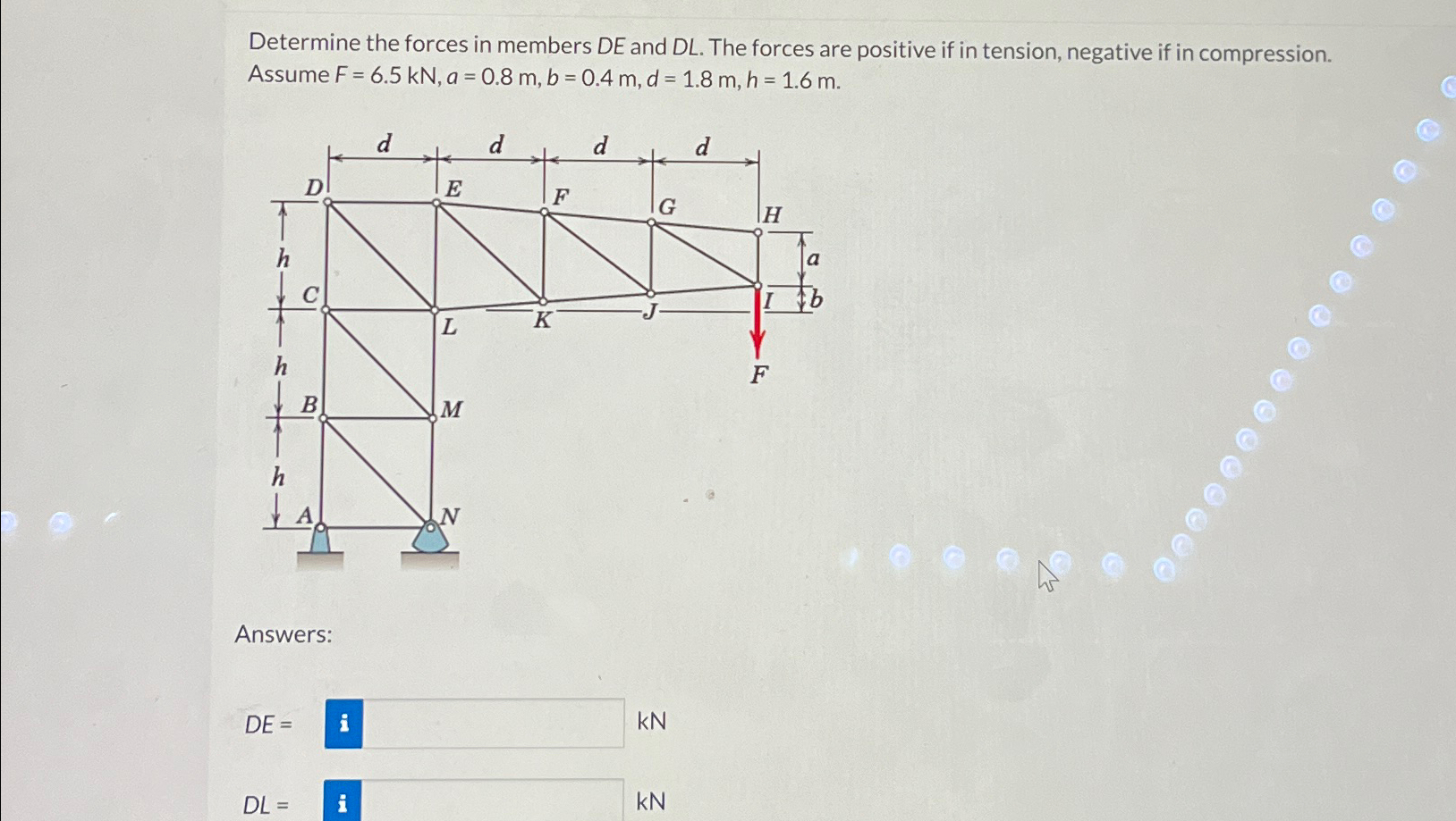 Solved Determine the forces in members DE ﻿and DL. ﻿The | Chegg.com