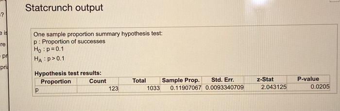 Solved Statcrunch output ? ei re One sample proportion | Chegg.com