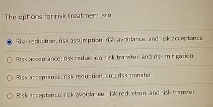 Solved The options for risk treatment are:Risk reduction, | Chegg.com