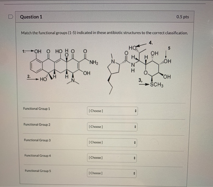 Solved Question 1 0.5 pts Match the functional groups (1-5) | Chegg.com