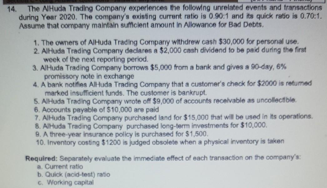 Solved 14. The Al Huda Trading Company experiences the | Chegg.com