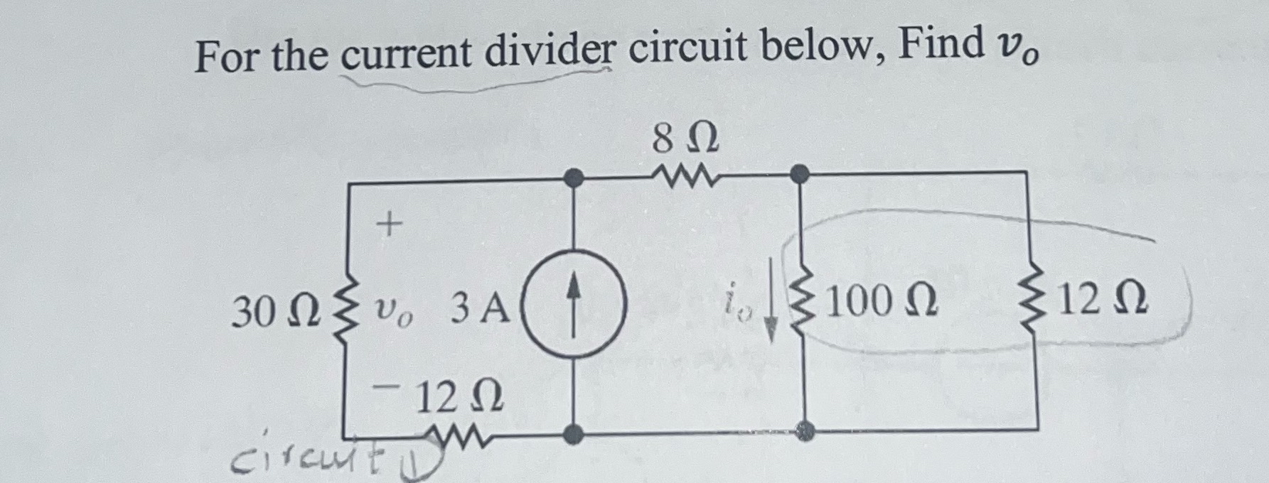 Solved For the current divider circuit below, Find v0 | Chegg.com