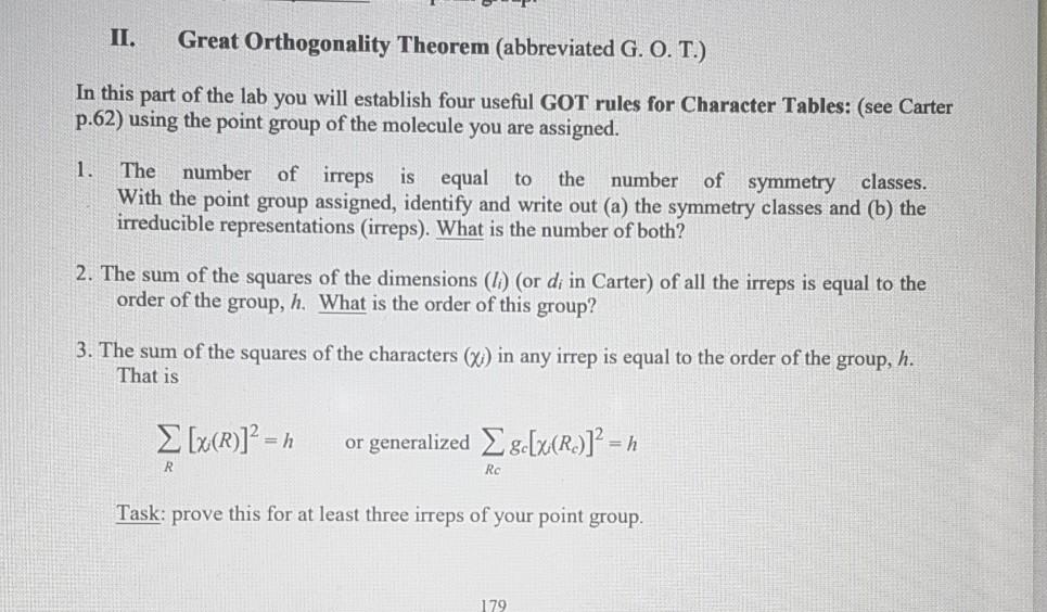II. Great Orthogonality Theorem (abbreviated G. O.T.) | Chegg.com