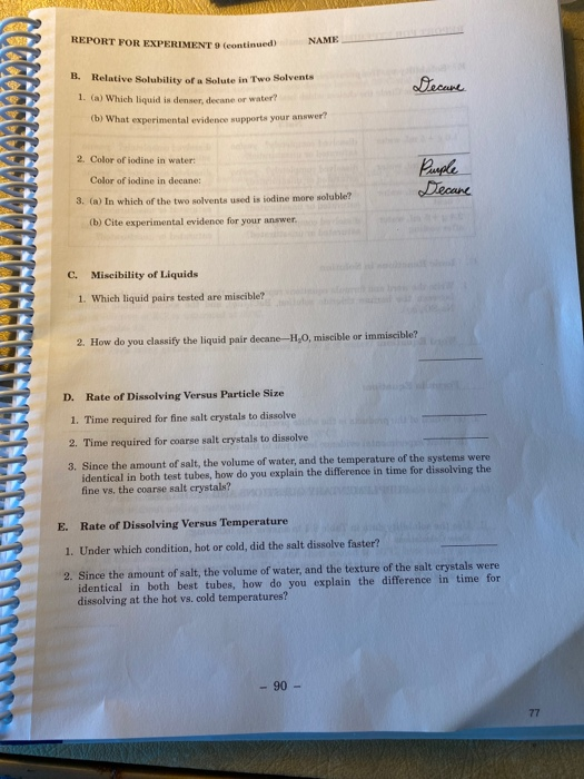 Solved REPORT FOR EXPERIMENT 9 (continued NAME B Decare | Chegg.com