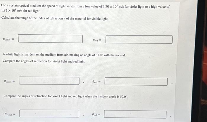 Solved For a certain optical medium the speed of light | Chegg.com