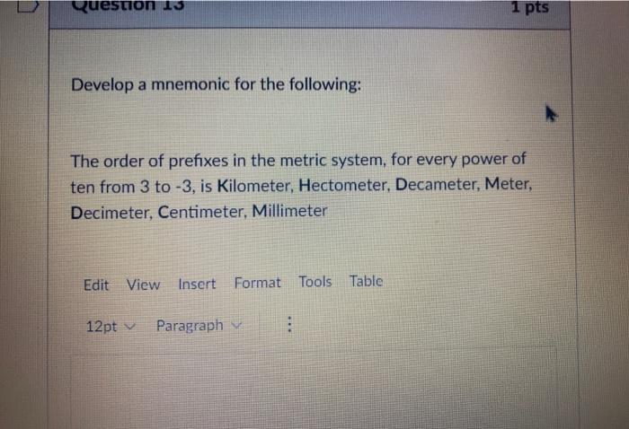 Solved Question 13 1 pts Develop a mnemonic for the | Chegg.com
