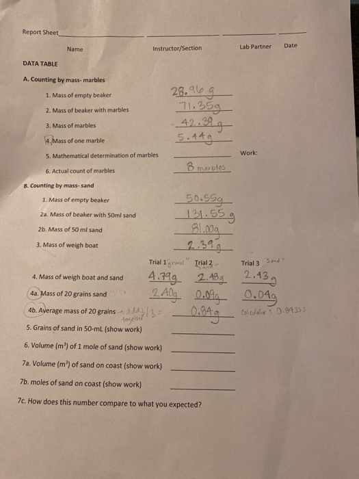 Solved Procedure The Mole A) Counting Marbles by mass 2.39g | Chegg.com