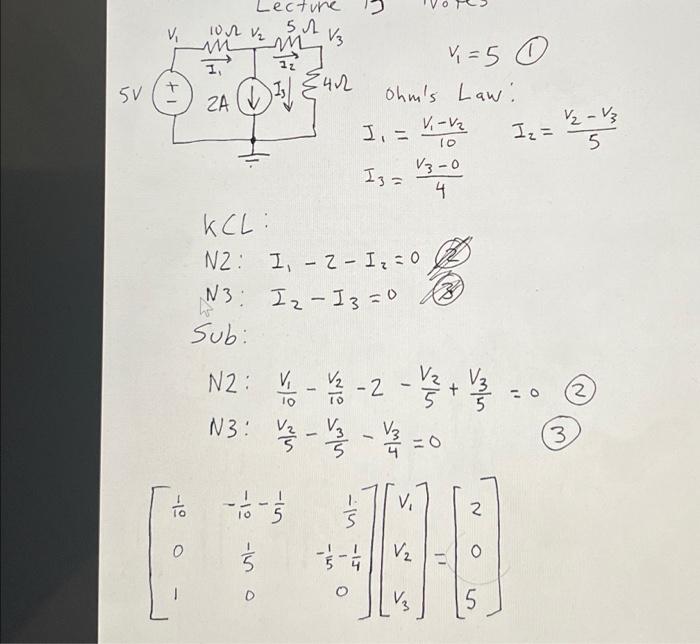 Solved v1=5 ohm's Law: I1=10V1−V2I2=5V2−V3I3=4V3−0 KCL: | Chegg.com