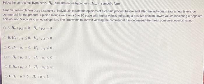 Solved Select the correct null hypothesis, H0. and | Chegg.com
