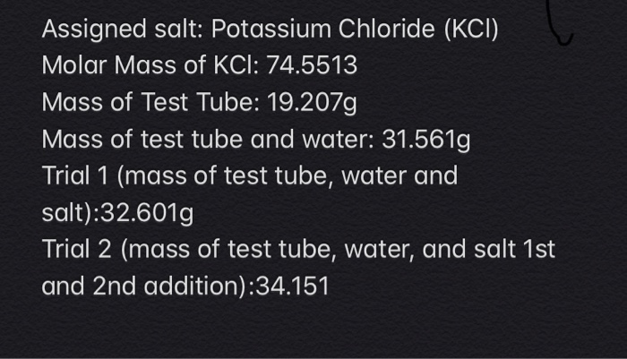 Solved Assigned salt: Potassium Chloride (KCI) Molar Mass of | Chegg.com