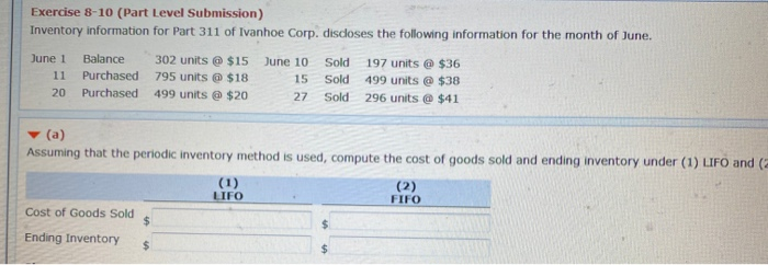 Solved Exercise 8-10 (Part Level Submission) Inventory | Chegg.com