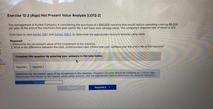 Solved Exercise 12-2 (Algo) Net Present Value Analysis | Chegg.com