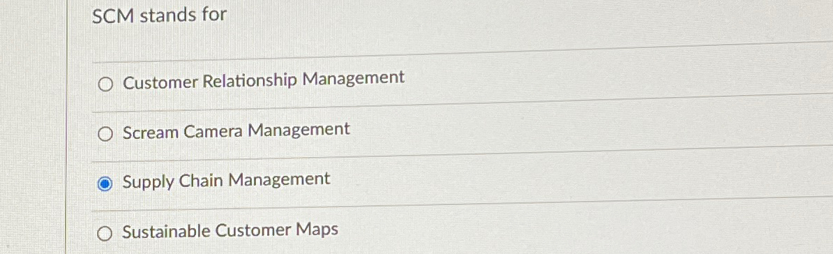 Solved SCM stands forCustomer Relationship ManagementScream | Chegg.com