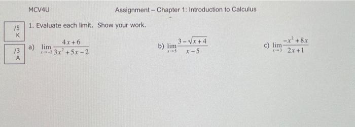 Solved MCV4U Assignment - Chapter 1: Introduction to | Chegg.com
