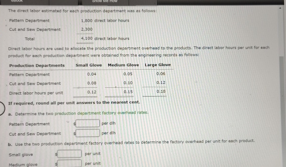 The direct labor estimated for each production | Chegg.com