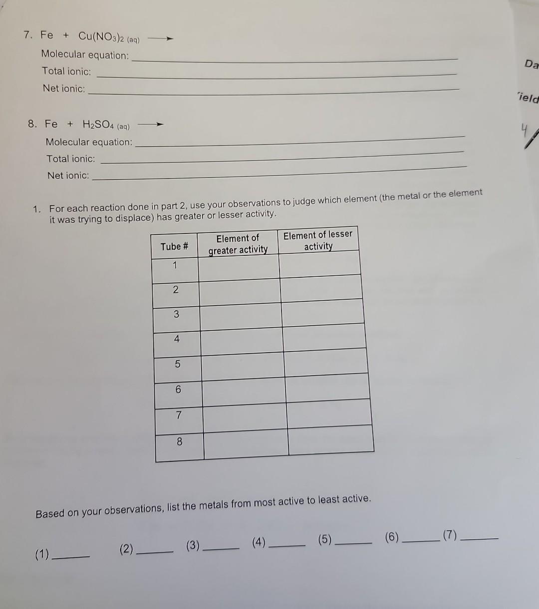 Solved For each reaction done in part 2, write a balanced | Chegg.com
