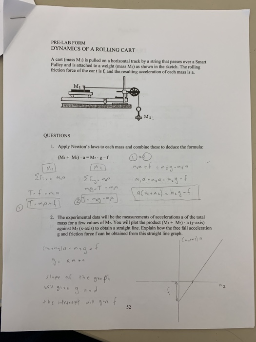 Solved PRE-LAB FORM DYNAMICS OF A ROLLING CART A cart (mass | Chegg.com