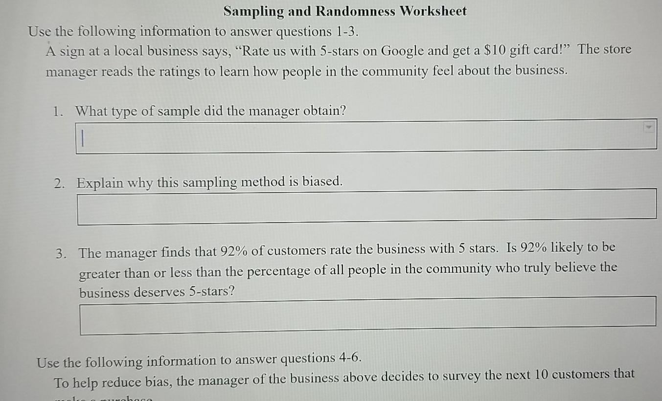 Solved Sampling and Randomness Worksheet Use the following | Chegg.com
