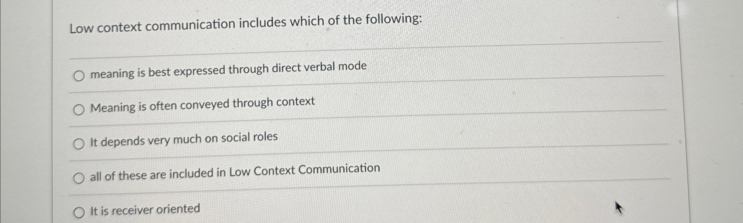 Solved Low context communication includes which of the | Chegg.com