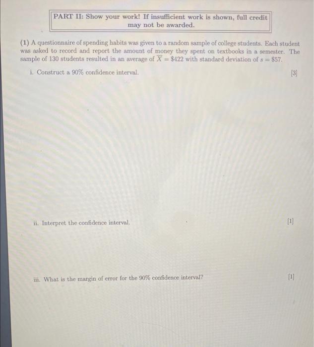 Solved PART II: Show your work! If insufficient work is | Chegg.com