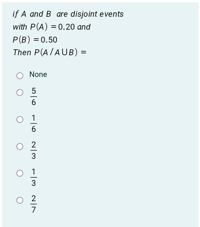 Solved if A and B are disjoint events with P(A) = 0.20 and | Chegg.com