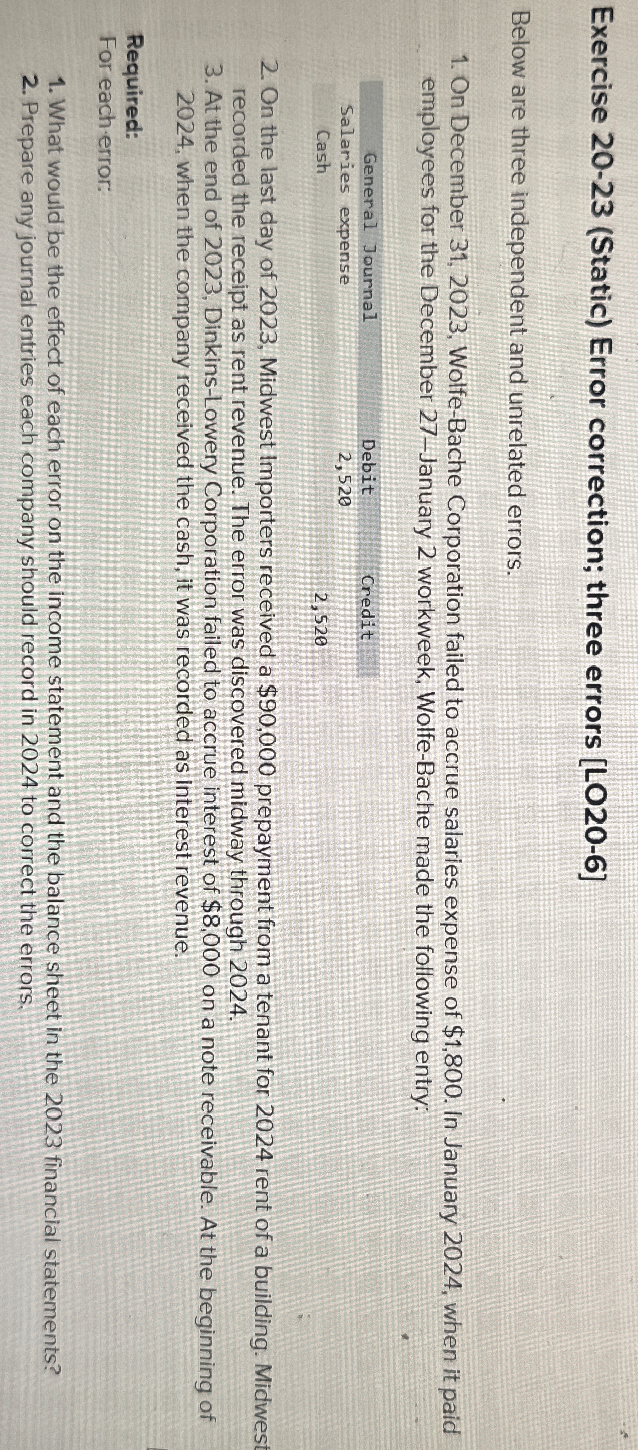 Solved Exercise 20-23 (Static) ﻿Error correction; three | Chegg.com
