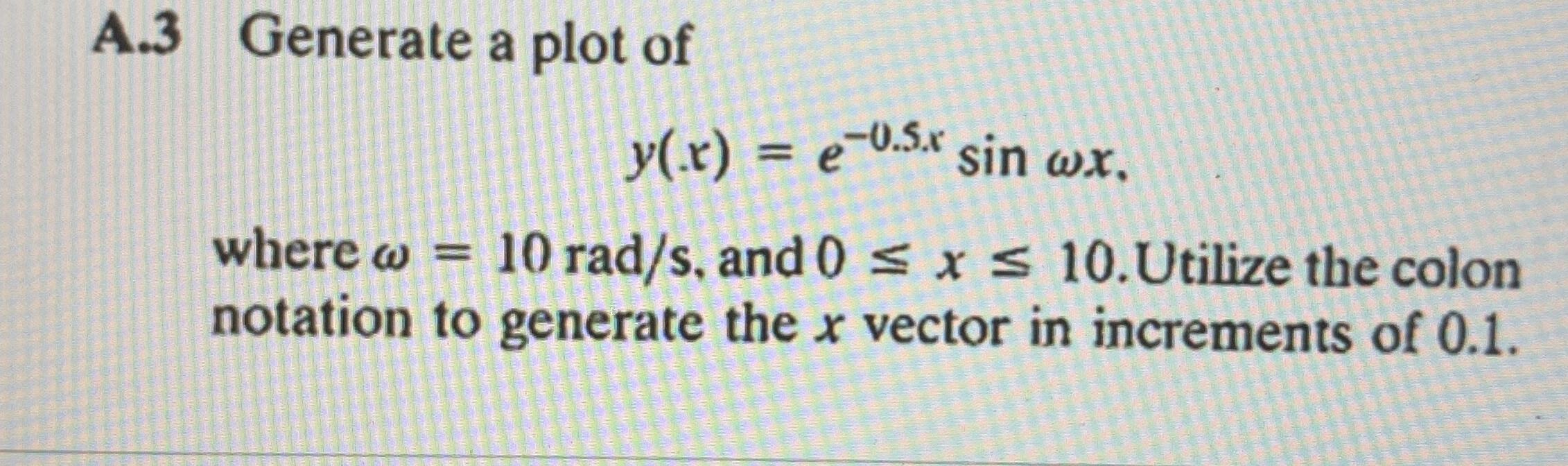 Solved A. 3 ﻿Generate a plot ofy(x)=e-0.5xsinωx.where | Chegg.com