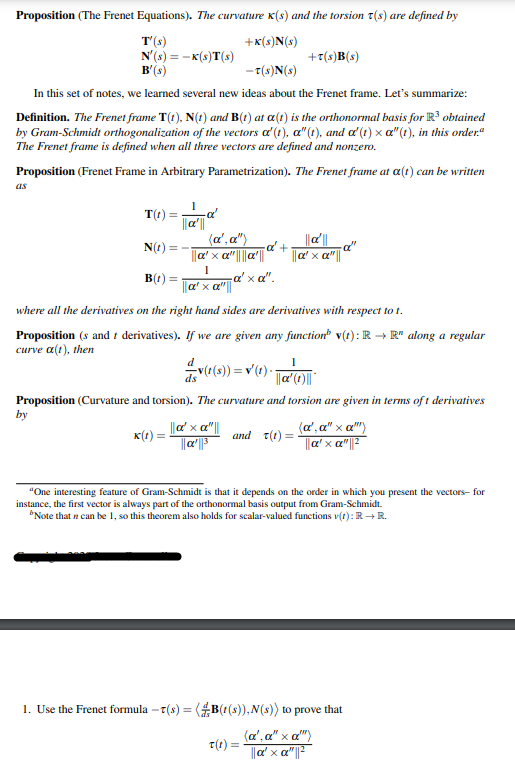 Solved Proposition (The Frenet Equations). ﻿The curvature | Chegg.com
