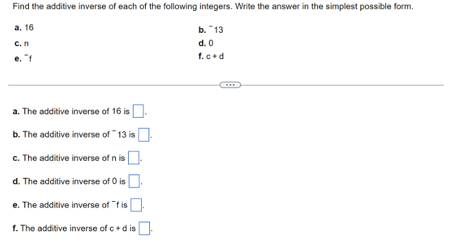 Solved Find the additive inverse of each of the following | Chegg.com
