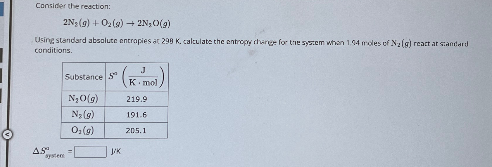 Solved Consider the reaction:2N2(g)+O2(g)→2N2O(g)Using | Chegg.com