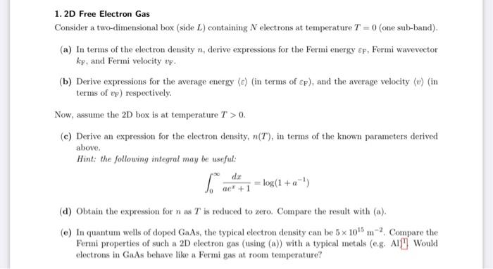 1. 2D Free Electron Gas Consider a two-dimensional | Chegg.com