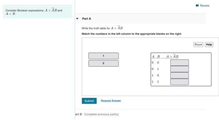 Solved A Review Consider Boolean expressions: A + AB and A + | Chegg.com