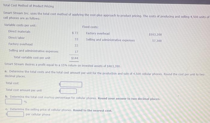 Solved Total Cost Method of Product Pricing Smart Stream | Chegg.com