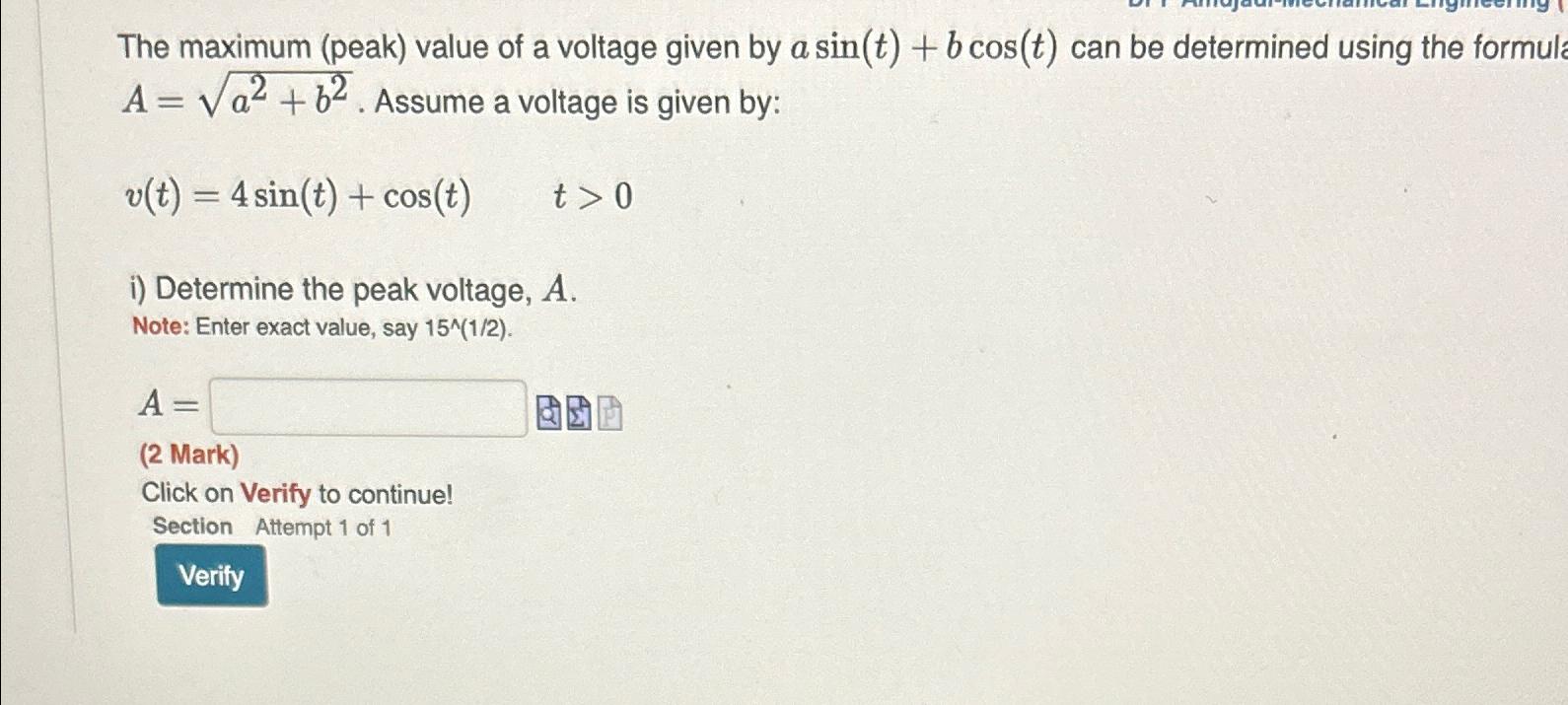 Solved The maximum (peak) ﻿value of a voltage given by | Chegg.com