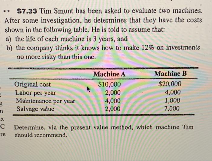 Solved 0 S7.33 Tim Smunt has been asked to evaluate two | Chegg.com