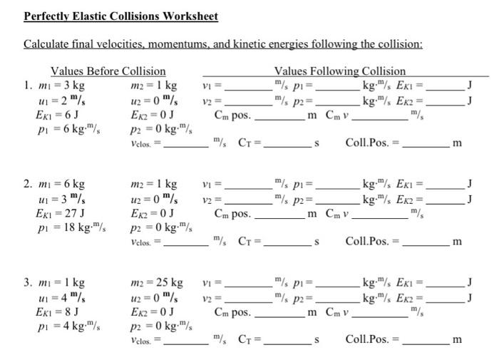 Solved Perfectly Elastic Collisions Worksheet Calculate | Chegg.com